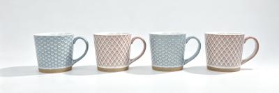 China Set of 4 Embossed Geometric Textured Ceramic Mugs, Pastel Blue Honeycomb & Blush Pink Diamond Pattern Stoneware Coffee Cups with Natural Raw Clay Base, Microwave & Dishwasher Safe Modern Farmhouse for sale