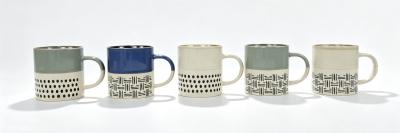 China Set of 5 Two-Tone Hand Drawn Geometric Ceramic Mugs, Split Glaze Black Dot & Line Pattern Stoneware Coffee Cups, Sage Green, Deep Blue & Cream Neutral Stackable Tea Mugs Microwave Dishwasher Safe for sale