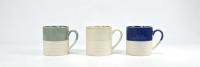 China Set of 3 Two-Tone Ridged Ceramic Mugs, Split Glaze Horizontal Textured Stoneware Coffee Cups, Sage Green, Cream & Deep Blue Neutral Stackable Tea Mugs Microwave Dishwasher Safe for sale