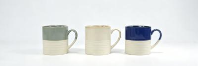 China Set of 3 Two-Tone Ridged Ceramic Mugs, Split Glaze Horizontal Textured Stoneware Coffee Cups, Sage Green, Cream & Deep Blue Neutral Stackable Tea Mugs Microwave Dishwasher Safe for sale