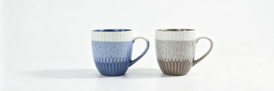 China 2 Pack Vertical Fluted Reactive Glaze Ceramic Mugs, Two-Tone Drip Ombre Ribbed Stoneware Coffee Cups, Navy Blue & Taupe Neutral Stackable Tea Mugs Microwave Dishwasher Safe for sale