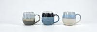 China Set of 3 Round Belly Reactive Drip Glaze Ceramic Mugs, Wavy Two-Tone Ombre Stoneware Coffee Cups, Neutral Grey Blue Cream Rustic Handmade Tea Mugs, Microwave & Dishwasher Safe for sale