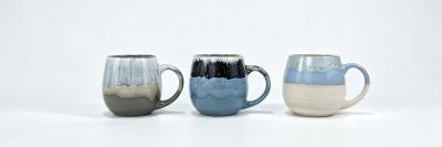 China Set of 3 Round Belly Reactive Drip Glaze Ceramic Mugs, Wavy Two-Tone Ombre Stoneware Coffee Cups, Neutral Grey Blue Cream Rustic Handmade Tea Mugs, Microwave & Dishwasher Safe for sale