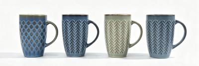 China 4 Pack Embossed Textured Reactive Glaze Ceramic Coffee Mugs, Diamond  Knit Chevron Pattern Tall Stoneware Tea Cups with Large Curved Handle, Microwave & Dishwasher Safe Neutral Blue Sage Earth Tone Dr for sale