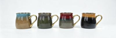China 4 Pack Ombre Gradient Glaze Ceramic Mugs, Curved Barrel Coffee Cups with Shiny Gold Handles for sale