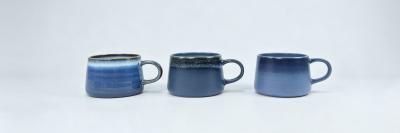 China 3 Pack Short Wide Reactive Glaze Blue Ceramic Mugs, Low Profile Gradient Blue Coffee Cup Set for sale