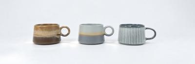 China 3 Pack Short Wide Reactive Glaze Ceramic Mugs, Mini Circular Handle Earth Tone Coffee Cup Set for sale