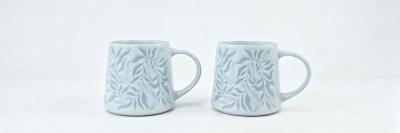 China 2 Pack Light Blue Botanical Leaf Pattern Ceramic Mugs, Minimalist Pale Floral Print Conical Coffee Cup Set for sale