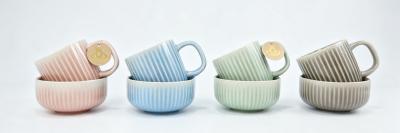 China 8 Pieces Gradient Vertical Ribbed Ceramic Cup & Bowl Set, Pastel Striped Stackable Coffee Mug and Cereal Bowl Tableware Kit for sale