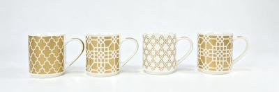 China 4‑Pack White Ceramic Mugs with Gold Geometric Lattice Patterns, Elegant Decorative Coffee Cup Set for sale