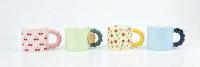 China 4‑Pack Beaded Bubble Handle Ceramic Mugs, Cute Fruit & Floral Print Coffee Cup Set for sale