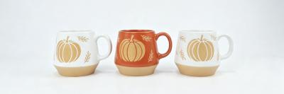 China 3‑Pack Fall Pumpkin Ceramic Mugs, Autumn Harvest Coffee Cup Set with Natural Clay Base for sale