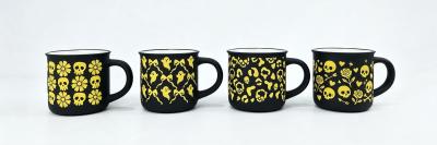 China 4‑Pack Halloween Black Matte Ceramic Mugs, Gold‑Tone Spooky Pattern Coffee Cup Set for sale