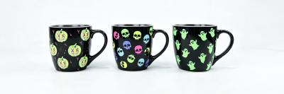 China 3‑Pack Halloween Black Glossy Ceramic Mugs, Neon Spooky Print Coffee Cup Set for sale