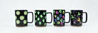 China 4‑Pack Halloween Black Glossy Ceramic Mugs, Neon Spooky Print Coffee Cup Set with Natural Clay Base for sale