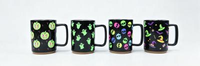 China 4‑Pack Halloween Black Glossy Ceramic Mugs, Neon Spooky Print Coffee Cup Set with Natural Clay Base for sale