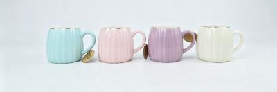 China 4‑Pack Pastel Pumpkin‑Shaped Ceramic Mugs, Ribbed Coffee Cup Set with Thin Gold Rim for sale