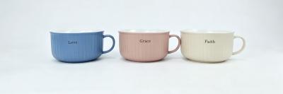 China 3‑Pack Large Ribbed Soup Mugs, Inspirational Word Ceramic Bowl‑Cup Set with Handle for sale