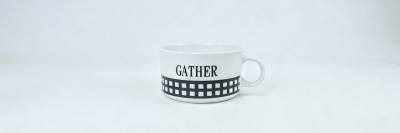 China Large Ceramic Soup Mug, GATHER Letter Print Black Grid Pattern Handled Bowl for sale