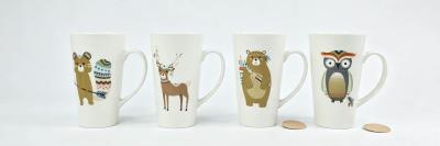 China 4‑Pack Tall Ceramic Coffee Mug Set, Whimsical Tribal Woodland Animal Printed Drinking Cups for sale