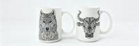 China 2‑Pack Intricate Tribal Animal Print Ceramic Mugs, Wolf and Bull Art Coffee Cups for sale