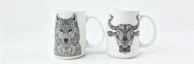 China 2‑Pack Intricate Tribal Animal Print Ceramic Mugs, Wolf and Bull Art Coffee Cups for sale