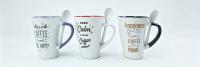 China 3‑Pack Coffee Quote Ceramic Mug Set with Spoon Holder, Color Rim Handle Coffee Cups with Matching Spoons for sale