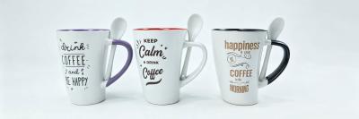China 3‑Pack Coffee Quote Ceramic Mug Set with Spoon Holder, Color Rim Handle Coffee Cups with Matching Spoons for sale