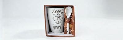 China Coffee Time Is Anytime Ceramic Mug Gift Set, Single Mug with Ceramic Spoon and Decorated Gift Box for sale