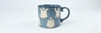China Halloween Ghost Embossed Ceramic Mug, Blue Reactive Glaze Spooky Ghost Coffee Cup for sale
