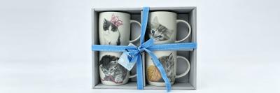 China 4‑Pack Kitten Print Ceramic Coffee Mug Set, Cat Lover Gift Box Set for sale