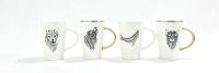 China Set of 4 Sketch‑Style Animal Ceramic Mugs, Gold Rim & Gold Handle Coffee Cups for sale