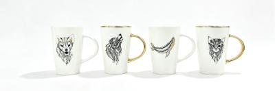 China Set of 4 Sketch‑Style Animal Ceramic Mugs, Gold Rim & Gold Handle Coffee Cups for sale