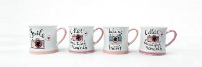 China 4‑Pack Camera Travel Quote Ceramic Mugs, Pink Handle Coffee Cup Set Product Description for sale