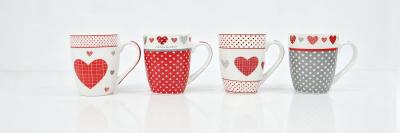 China Valentine's Day Heart Polka‑Dot Ceramic Mugs Set, Red Grey White Love Pattern Coffee Cups, Romantic Gift for Couples for sale