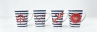 China Nautical Striped Ceramic Coffee Mug Set of 4, Ocean‑Sailing Themed Tea Cups with Ship Wheel, Anchor, Compass Prints for sale