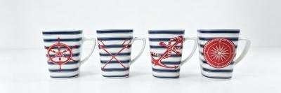 China Nautical Striped Ceramic Coffee Mug Set of 4, Ocean‑Sailing Themed Tea Cups with Ship Wheel, Anchor, Compass Prints for sale
