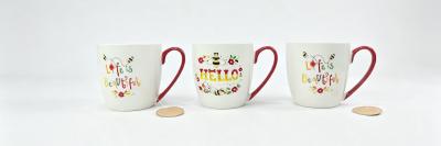 China Bee Floral Inspirational Ceramic Coffee Mug Set of 3, White Mugs with Red‑Colored Handle, Positive Quote Tea Cups for sale