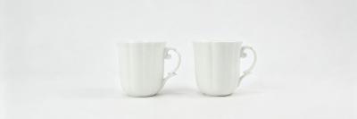 China 2 Pack White Porcelain Coffee Mugs, Vintage Fluted Ceramic Tea Cups With Scroll‑Shaped Handle for sale