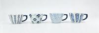 China 4 Pack Blue & White Hand‑Painted Ceramic Coffee Mugs, Boho Geometric Leaf Tea Cup Set for sale
