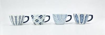 China 4 Pack Blue & White Hand‑Painted Ceramic Coffee Mugs, Boho Geometric Leaf Tea Cup Set for sale