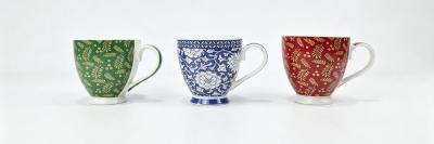 China 3 Pack Decorative Footed Ceramic Coffee Mugs, Vintage Floral & Leaf Pattern Tea Cup Set for sale