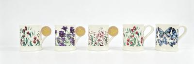 China Vintage Floral & Butterfly Ceramic Mug Set, 5‑Pack Botanical Flower Coffee Cups for sale