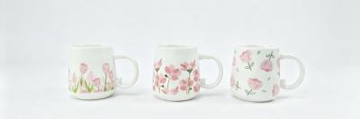 China Pink Tulip Floral Ceramic Mug Set, 3‑Pack Spring Flower Coffee Cups for sale