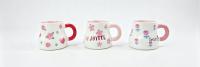 China Cute Floral Curved‑Body Ceramic Mug Set of 3, Wavy Rim Coffee Cups with Big Round Handle for sale
