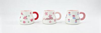 China Cute Floral Curved‑Body Ceramic Mug Set of 3, Wavy Rim Coffee Cups with Big Round Handle for sale