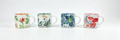China Tropical Floral & Bird Ceramic Mug Set of 4, Color‑Inside Short Coffee Cups for sale