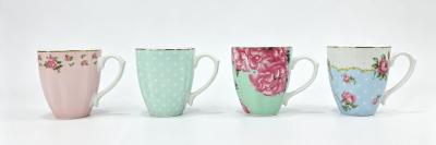 China Vintage Floral Polka‑Dot Ceramic Mug Set of 4, Gold Rim Coffee Cups for sale