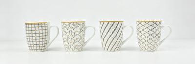 China Modern Geometric Gold‑Trim Ceramic Mug Set of 4, Black & Gold Pattern Coffee Cups for sale