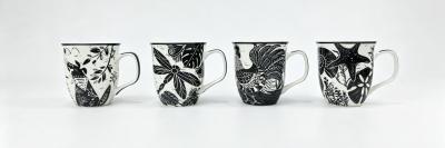 China Black‑and‑White Art Print Ceramic Mug Set of 4, Unique Nature & Animal Coffee Cups for sale